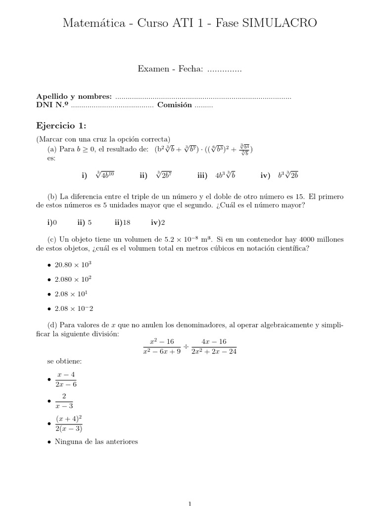 Mate B Examen Simulacro | PDF | Ecuaciones | Geometría