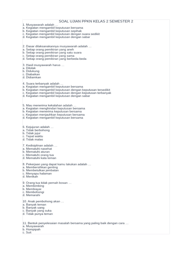 Soal Ujian PPKN Kelas 2 Semester 2 | PDF