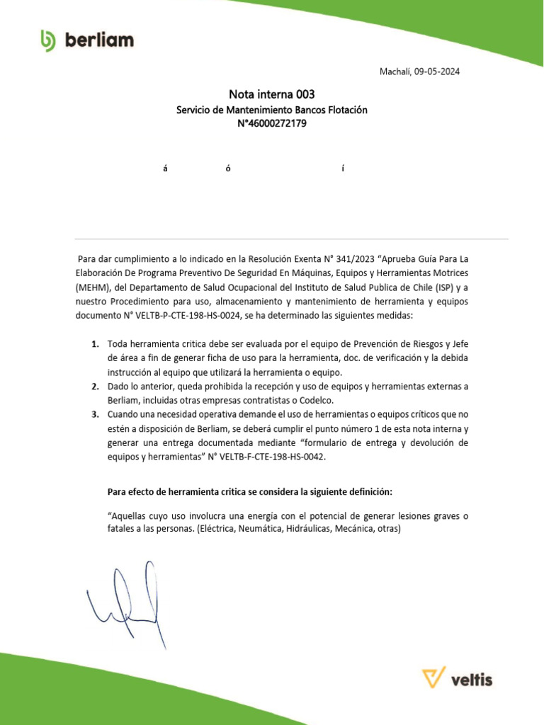 Nota Interna 003 Proceso Entrega de Materiales y Herramientas A Berliam ...