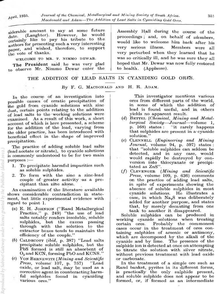 Macdonald F G Adam 1935 The Addition of Lead Salts in Cyaniding Gold ...