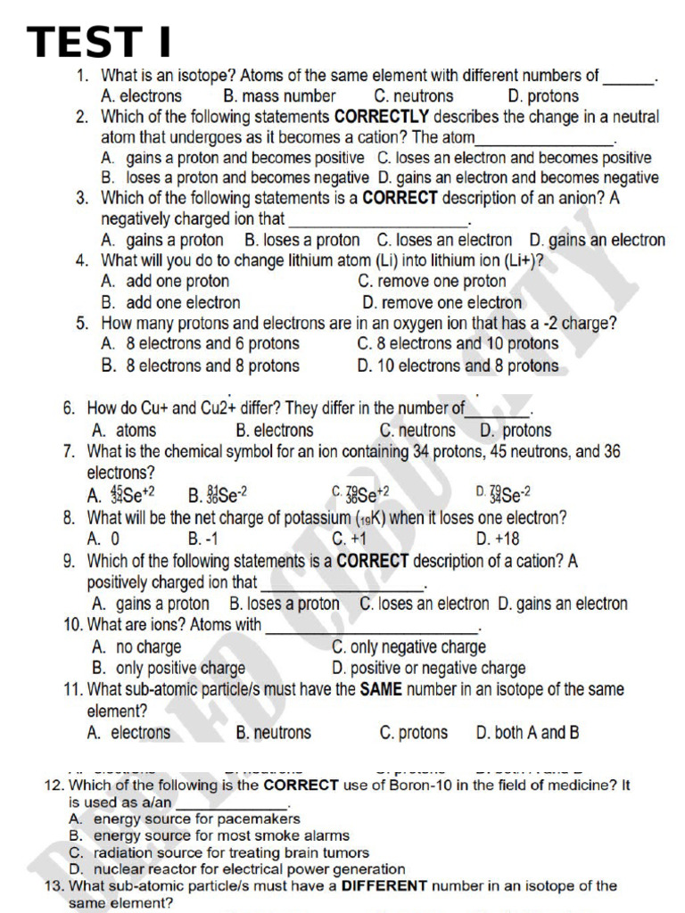 Ions and Isotopes Quiz | PDF