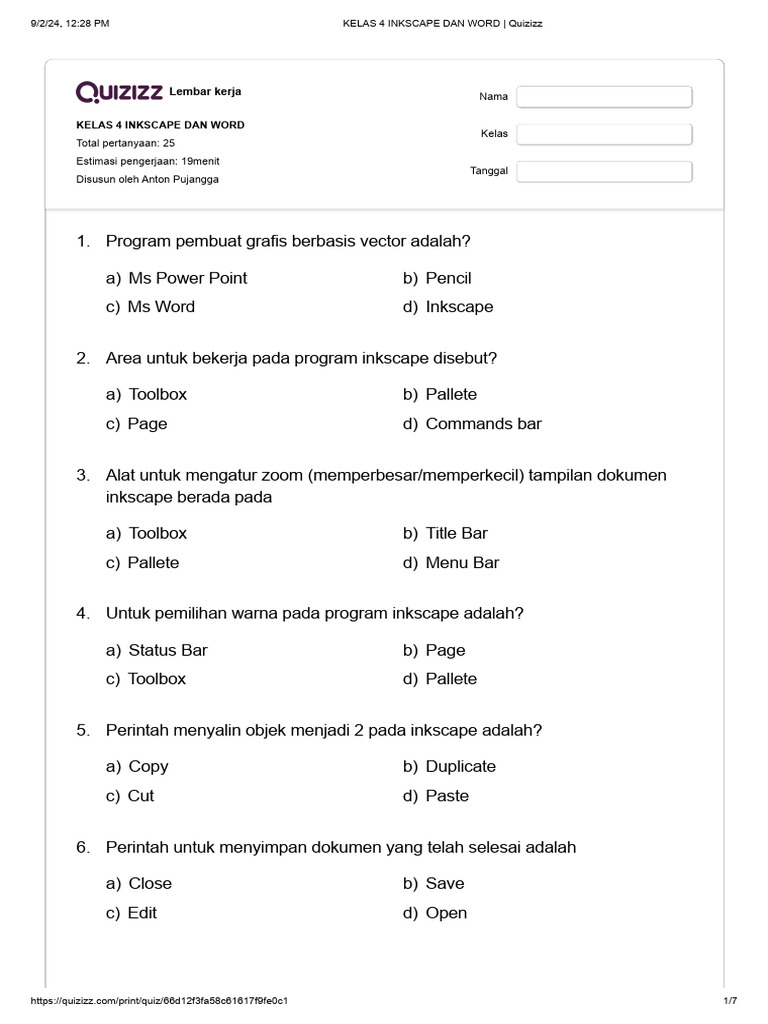 Kelas 4 Inkscape Dan Word - Quizizz | PDF