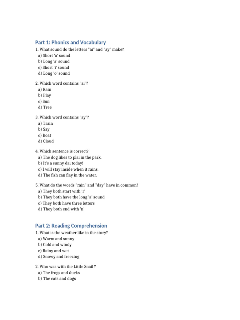 Ai Ay Phonics Reading Vocabulary | PDF