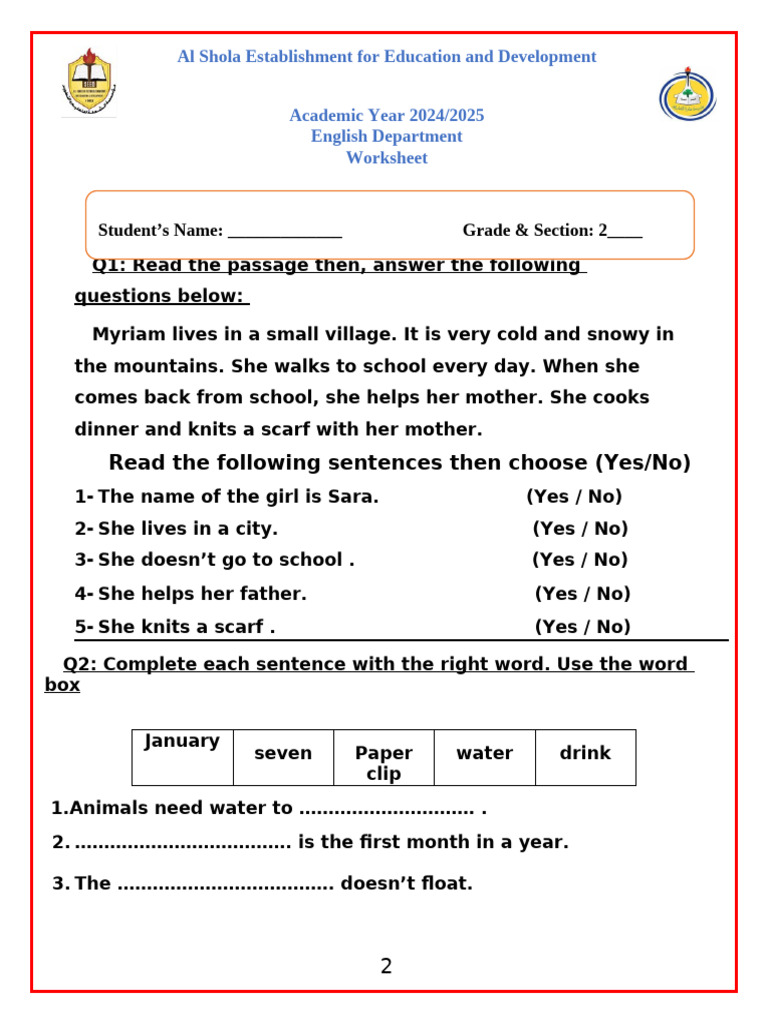 English Worksheet for Grade 2 Students | PDF