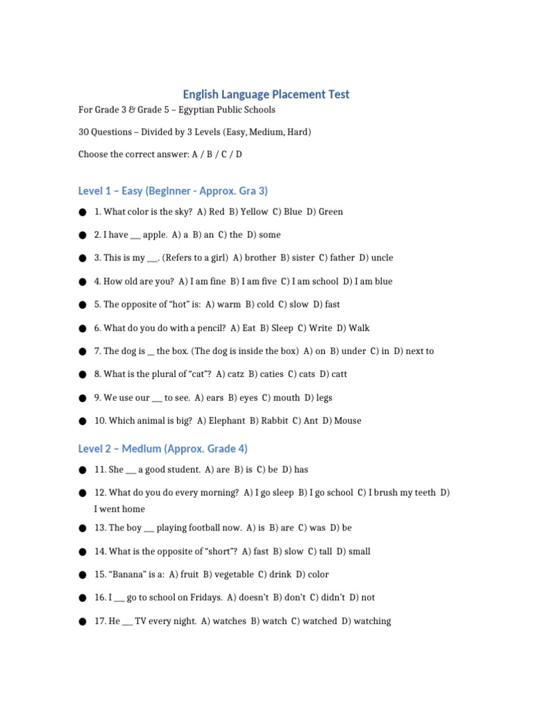 English Placement Test for Grades 3-5 | PDF