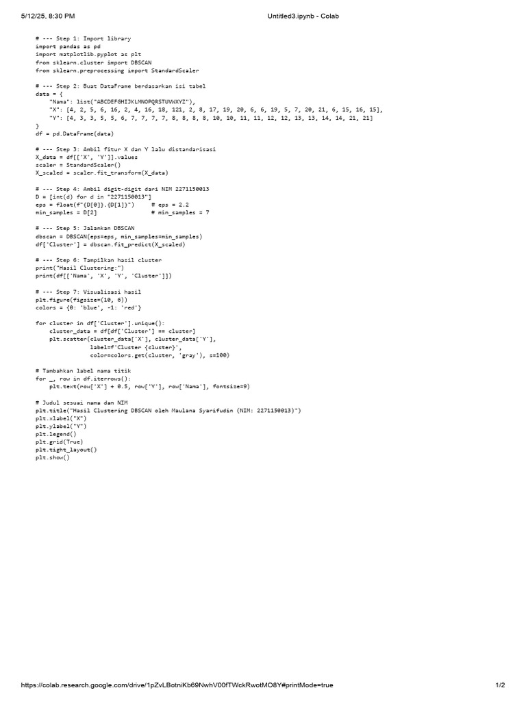 Clustering DBSCAN - Maulana Syarifudin - Ipynb - Colab | PDF | Cluster Analysis | Spatial Analysis