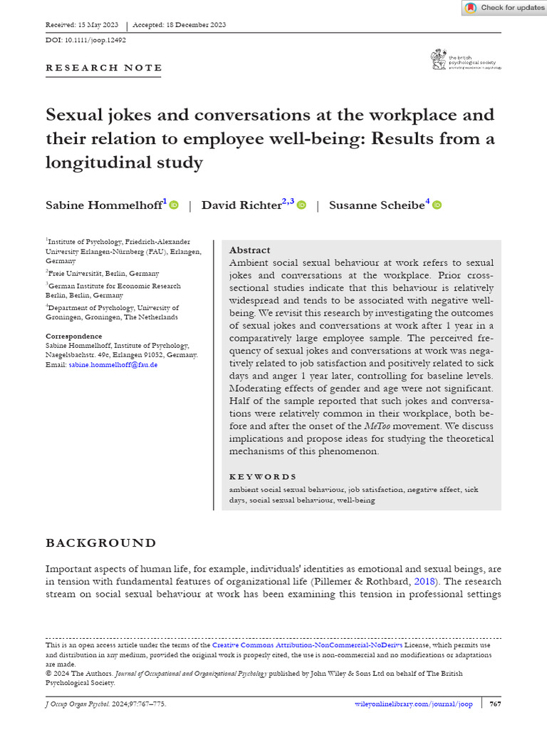J Occupat Organ Psyc - 2024 - Hommelhoff - Sexual Jokes and ...