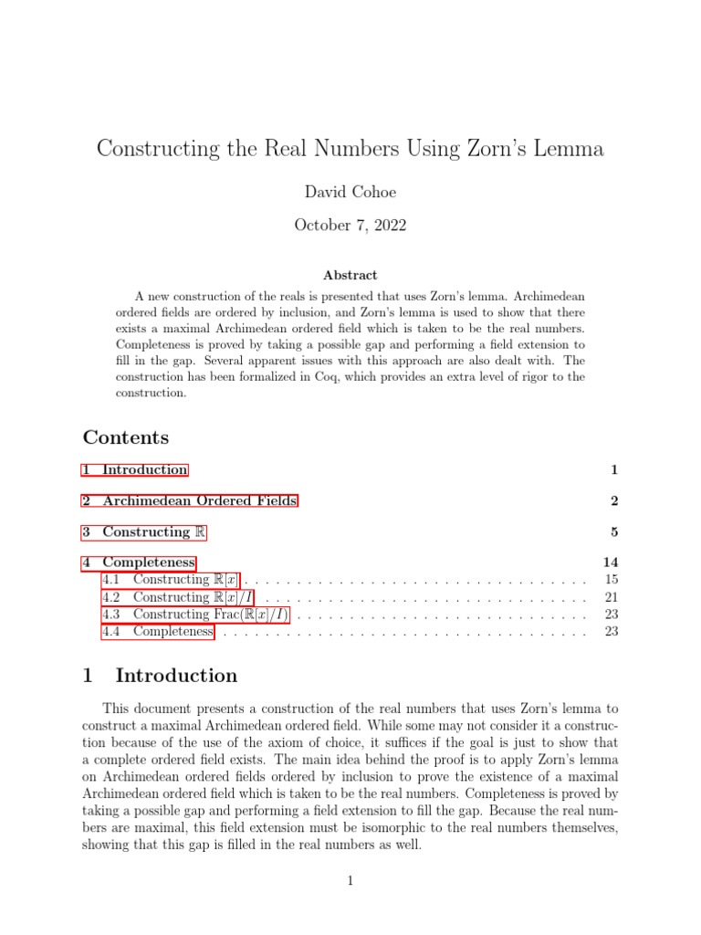 Constructing The Real Numbers Using Zorn's Lemma | PDF | Field (Mathematics) | Real Number