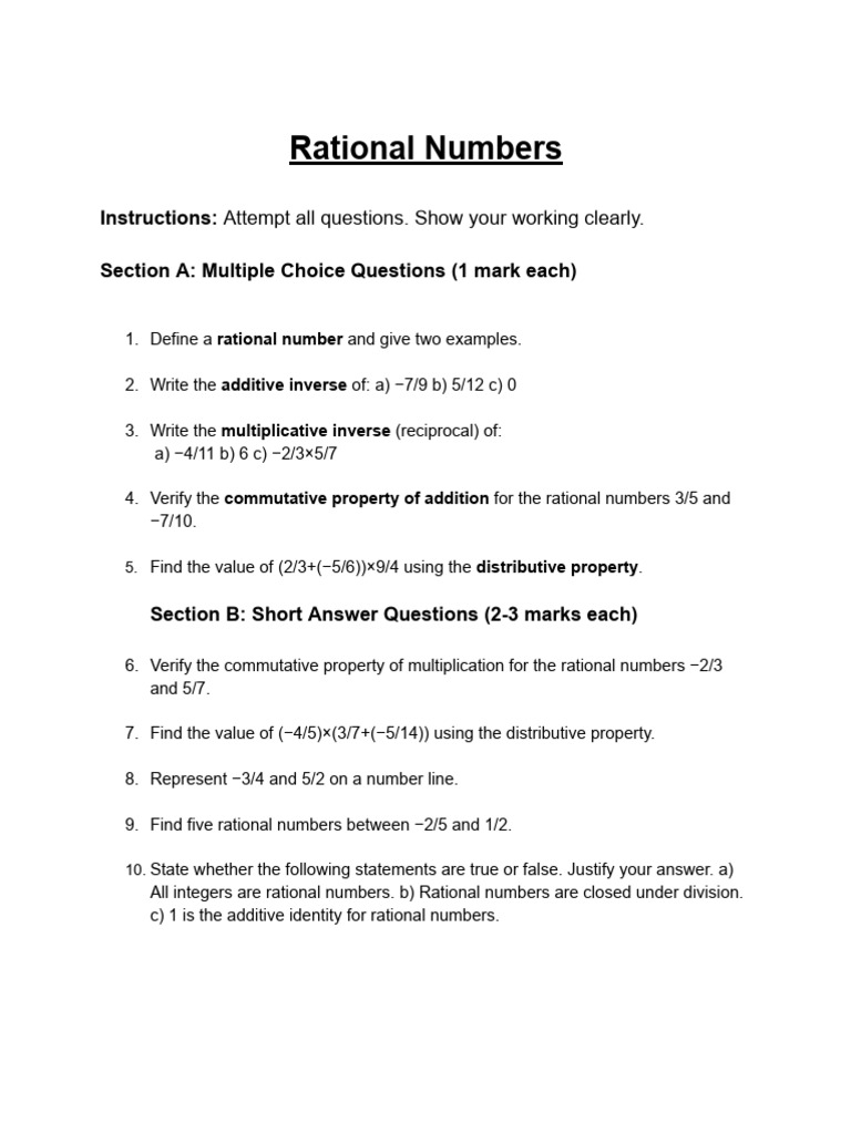 Rational Numbers - Worksheet | PDF