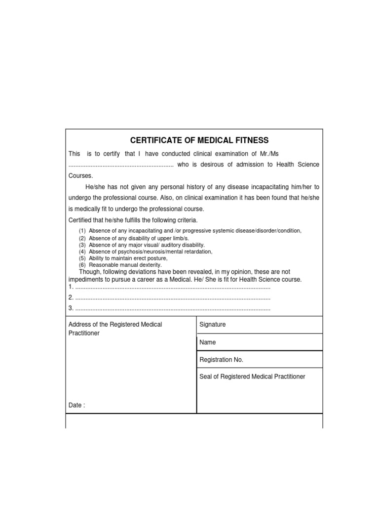 Medical Fitness Certificate Ug | PDF