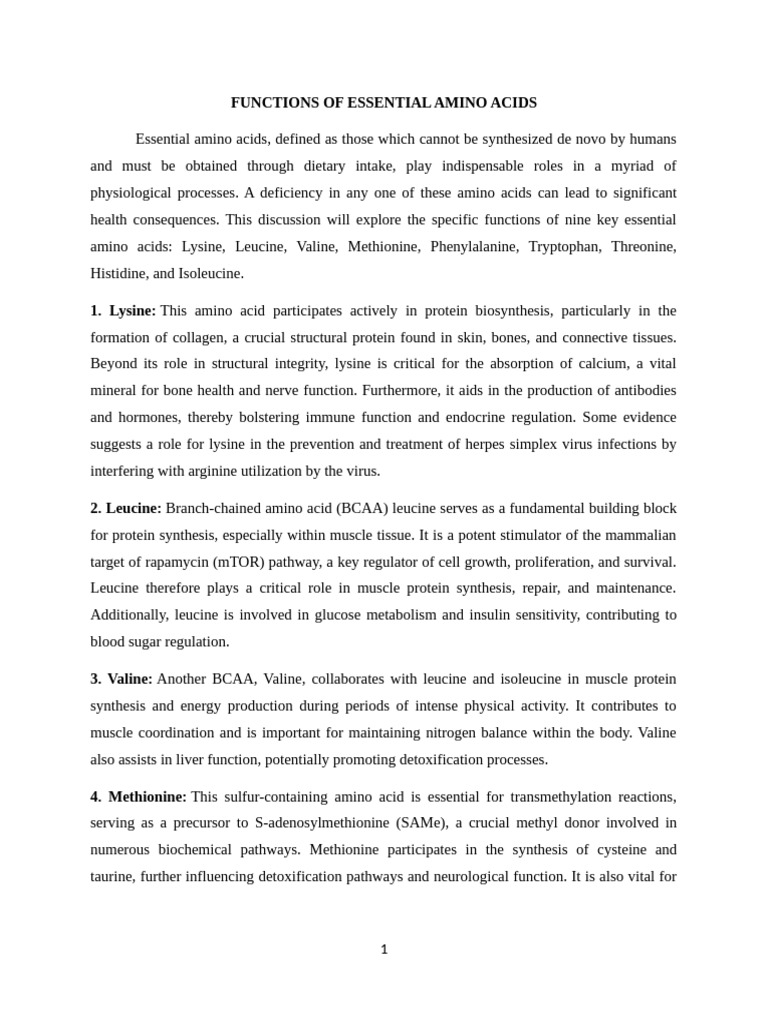 Functions of Essential Amino Acids | PDF | Biosynthesis | Leucine
