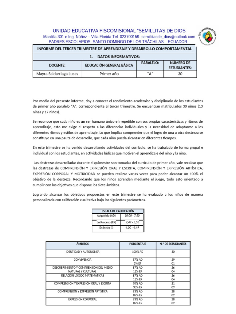 Informe General Tercer Trimestre - Primer Año A | PDF | Aprendizaje ...