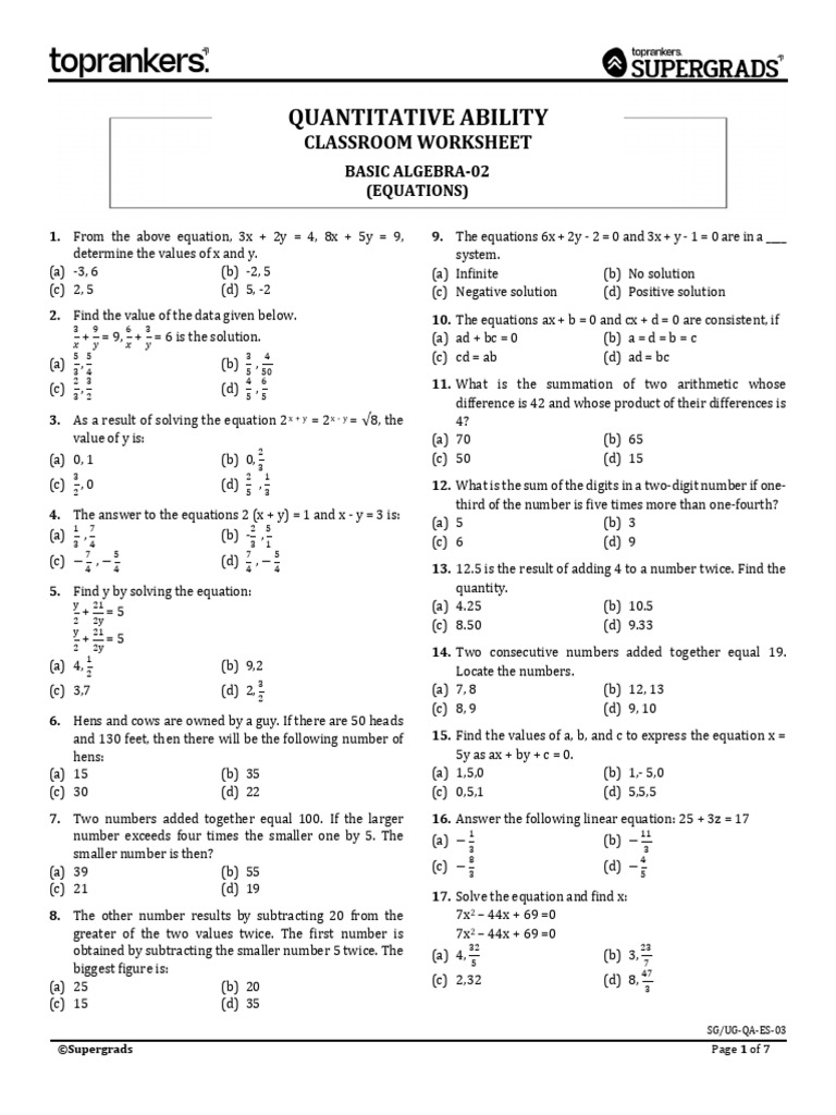 Basic Algebra-02 (Equations) | PDF | Numbers | Mean