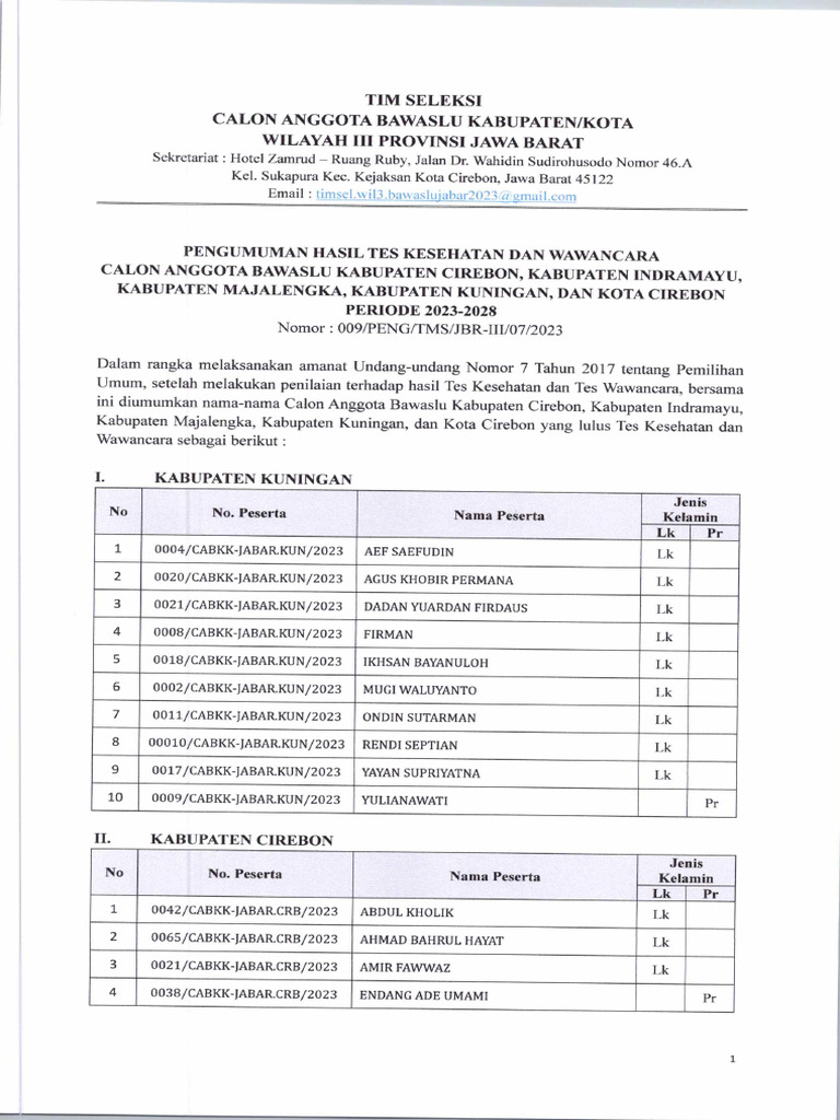 Wil 3 - Pengumuman Hasil Tes Kesehatan Dan Tes Wawancara | PDF