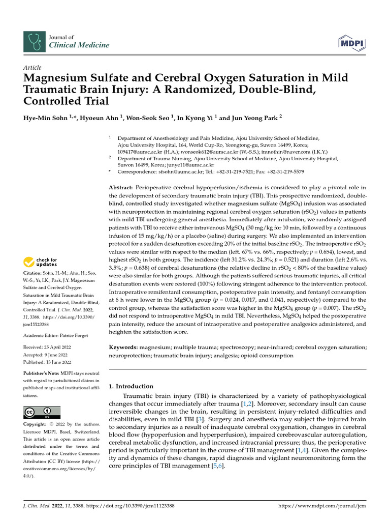 Magnesium Sulfate and Cerebral Oxygen Saturation in Mild Traumatic ...