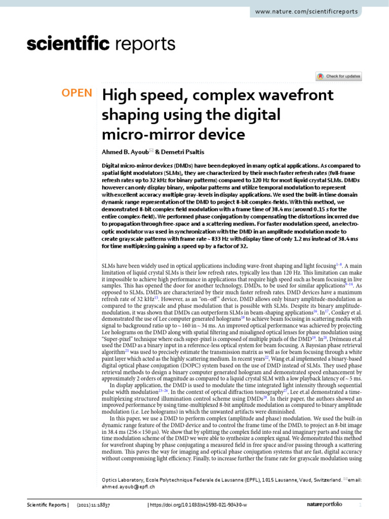 High Speed Complex Wavefront Shaping Using The Digital Micro-Mirror Device | PDF | Holography ...