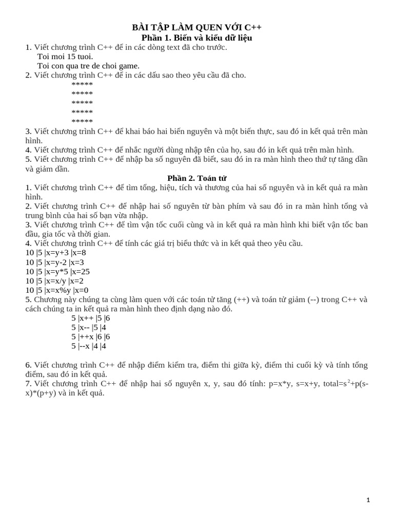 Bai Tap Lam Quen Voi C++ | PDF
