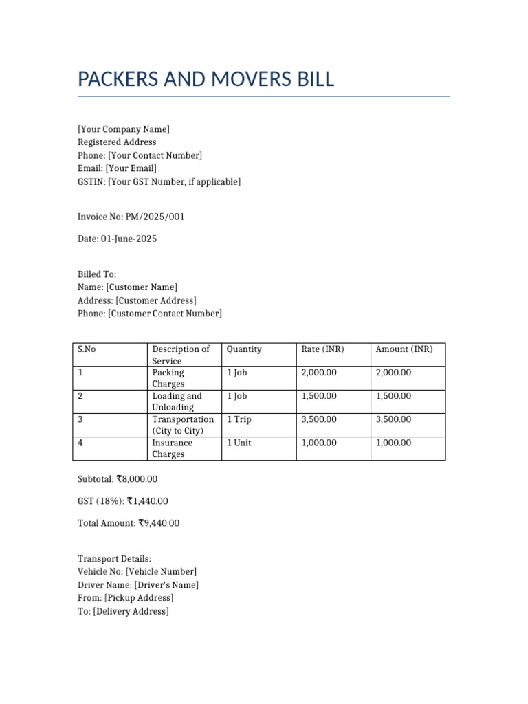 Packers and Movers Bill Format | PDF