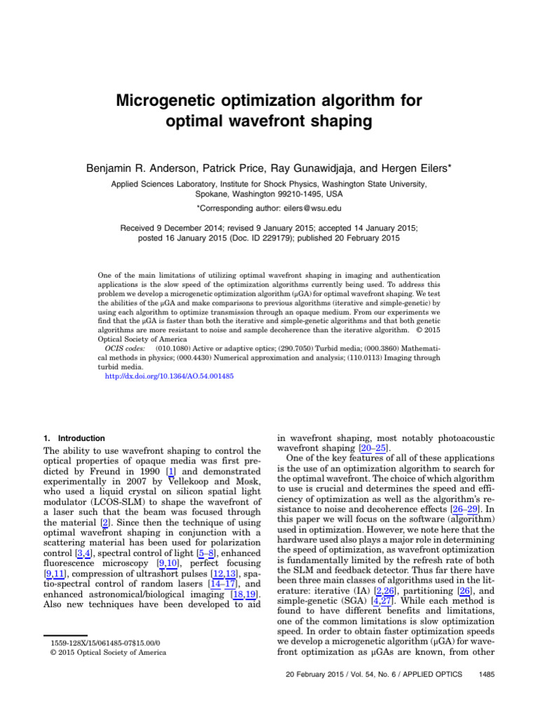 Microgenetic Optimization Algorithm For Optimal Wavefront Shaping | PDF | Genetic Algorithm | Optics