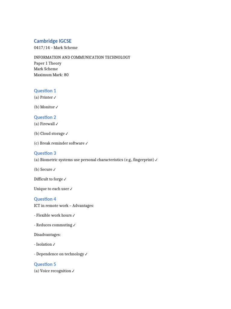 IGCSE ICT Mark Scheme 0417/14 | PDF