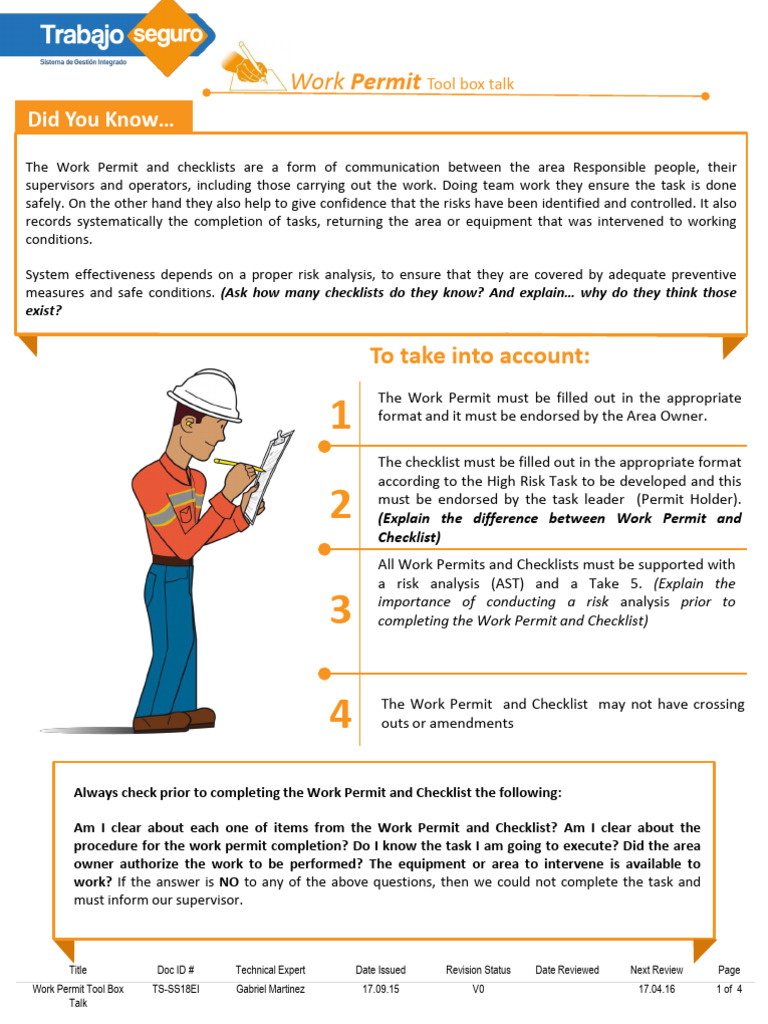 Tool Box Talk Work Permit TS-SS18EI | PDF | Workplace | Occupational ...