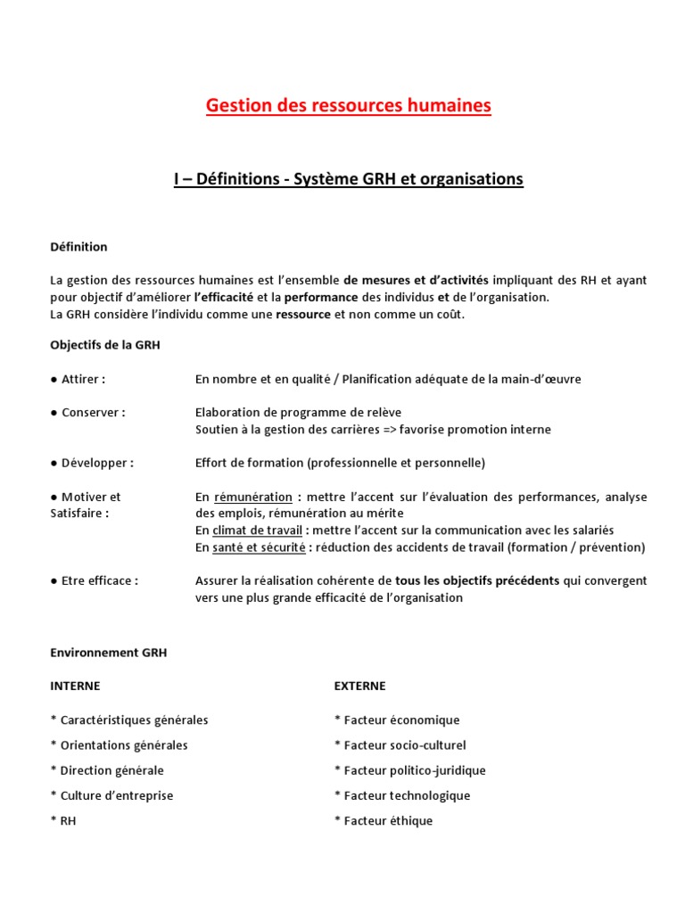 Résumé GRH | PDF | Ressources humaines | Recrutement