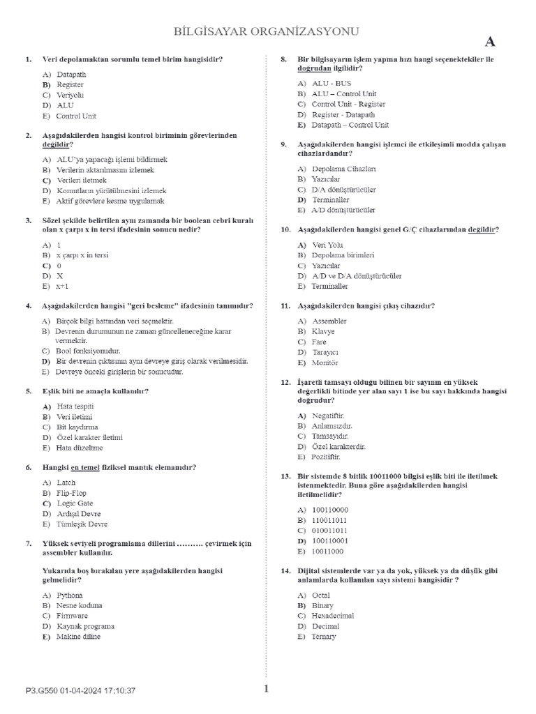 2024 Vize Bilgisayar Organizasyonu | PDF