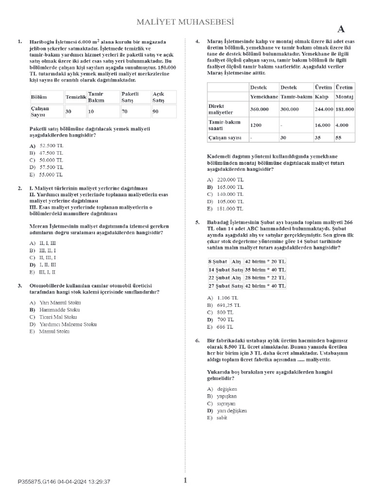 2024 Vize Maliyet Muhasebesi | PDF
