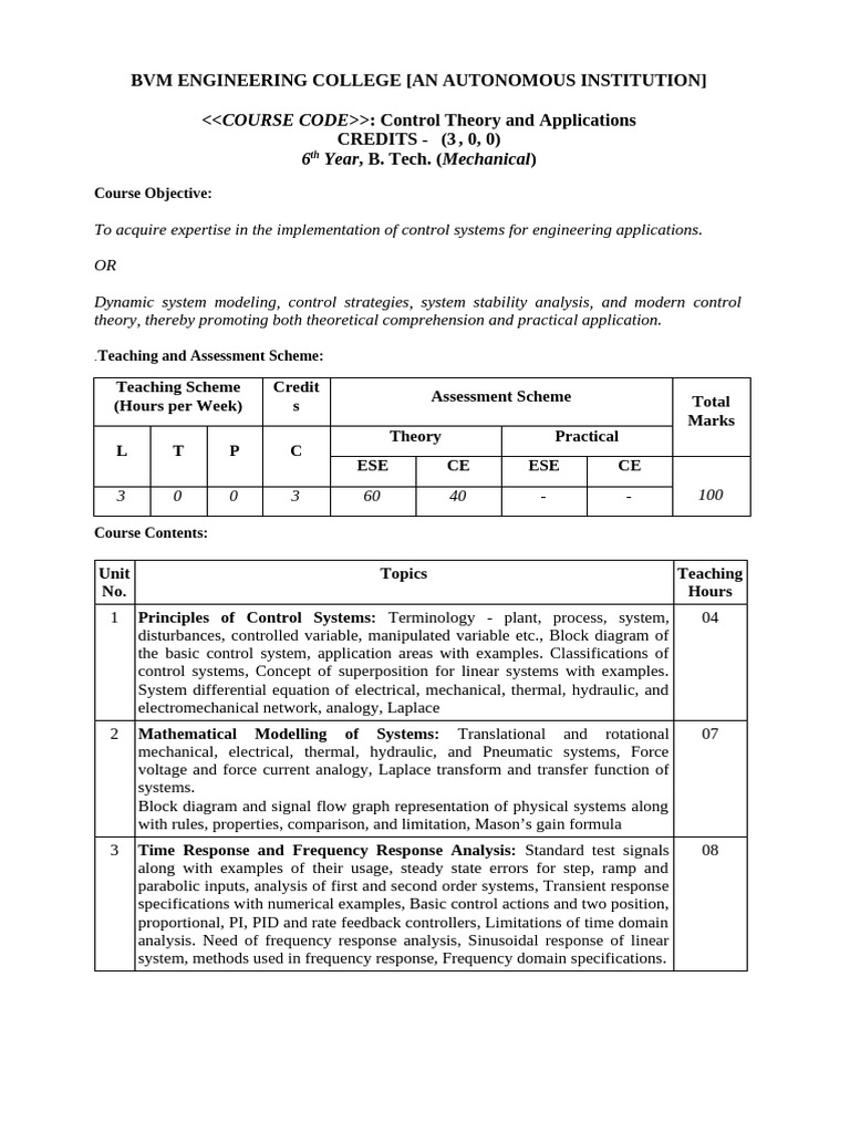 Control Theory and Applications Course | PDF | Control Theory | Applied ...
