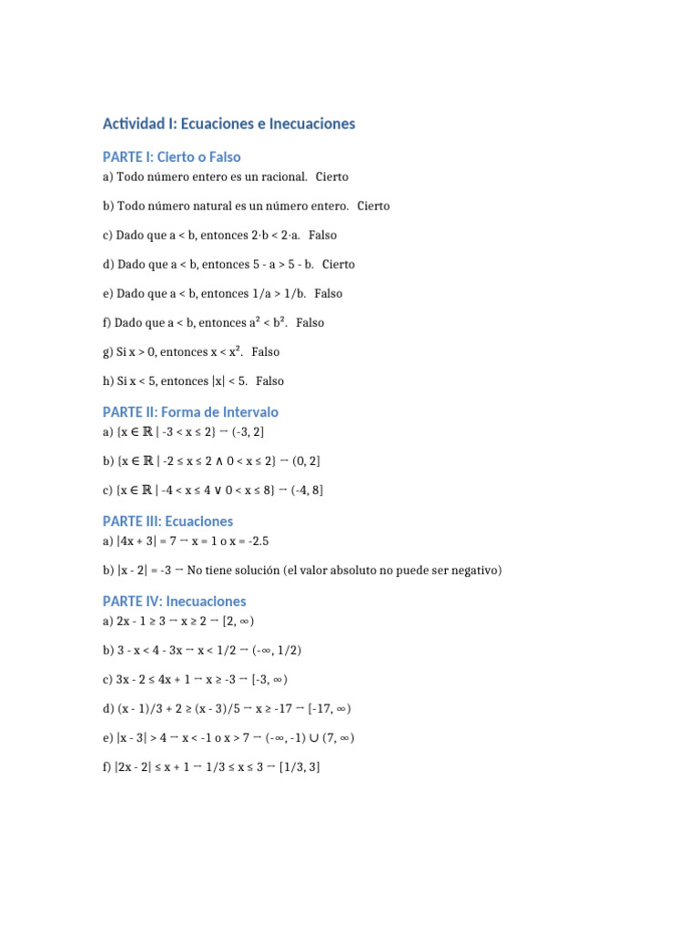 Actividad I Ecuaciones Inecuaciones | PDF
