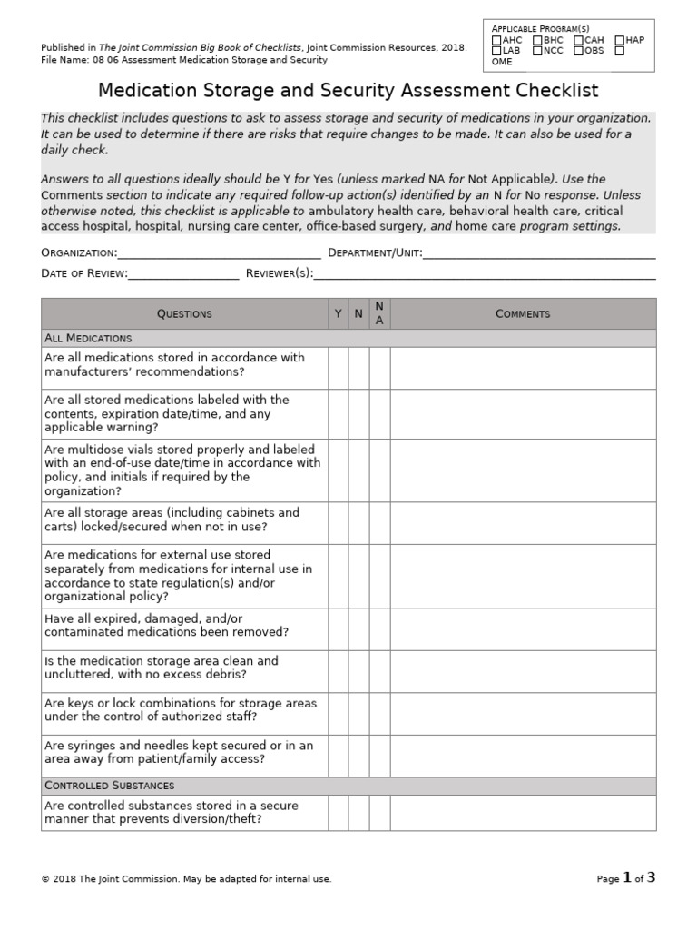 Medication Storage Security Checklist | PDF | Health Care