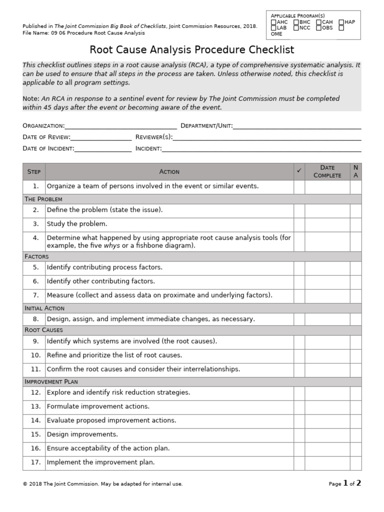 Root Cause Analysis Procedure Checklist | PDF