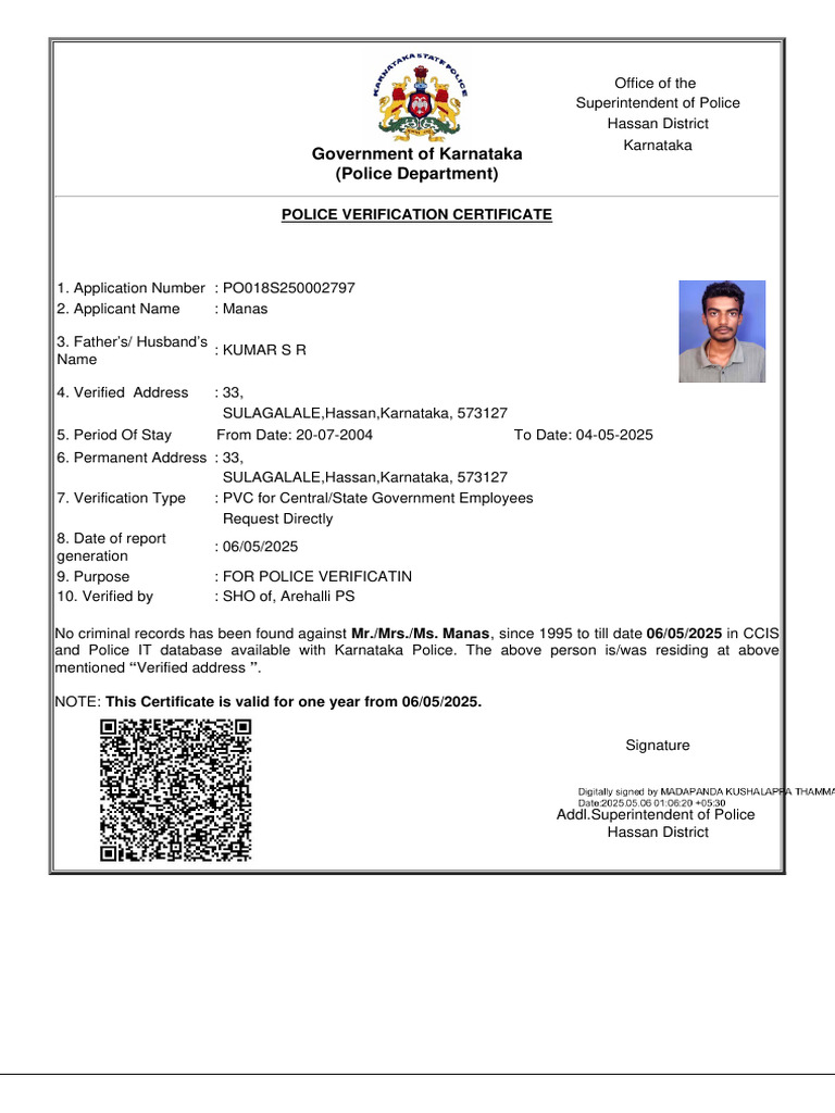 Karnataka Police Verification Certificate | PDF