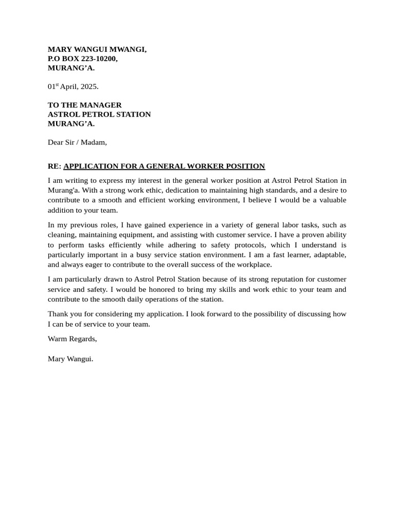 Mary Wangui Mwangi Cover Letter | PDF
