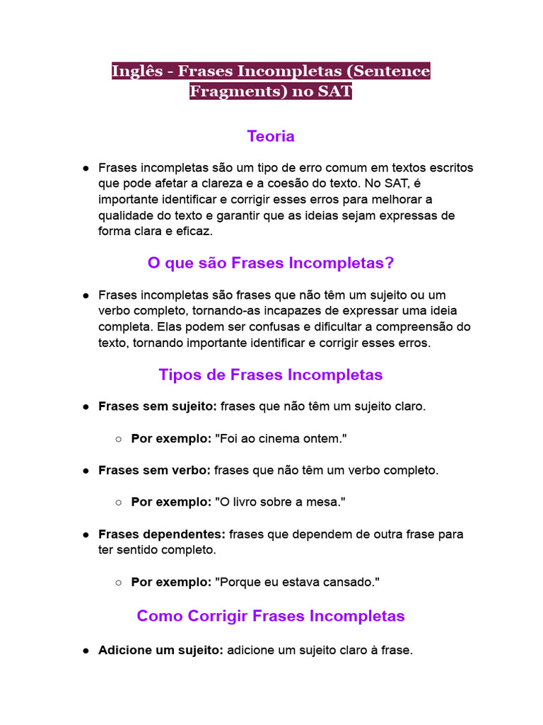 Corrigindo Frases Incompletas no SAT | PDF