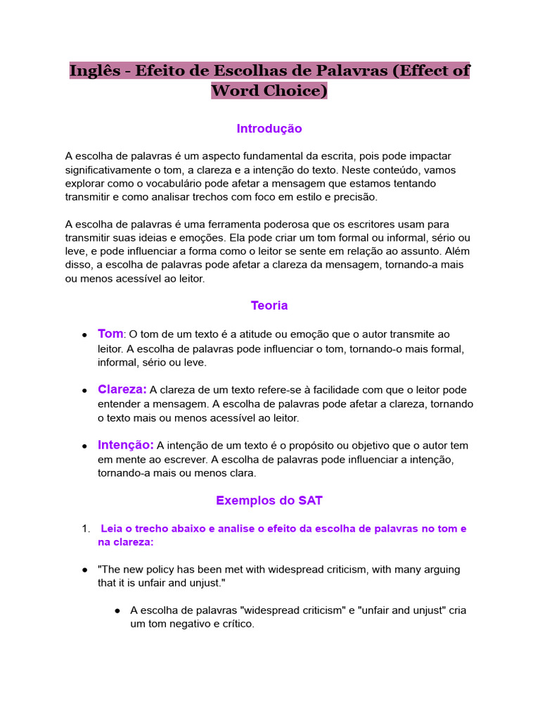 Inglês - Efeito de Escolhas de Palavras (Effect of Word Choice) | PDF ...