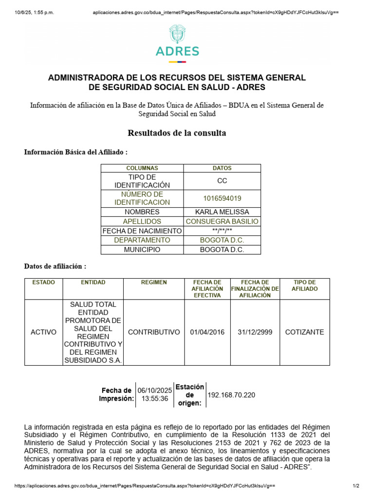 Consulta de Afiliación ADRES | PDF | Programas sociales