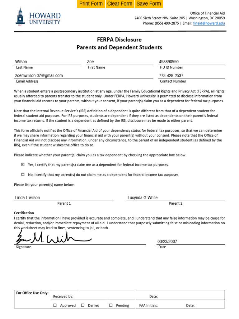 FERPA Disclosure Parents and Dependent Students: Wilson Zoe 458890550 ...