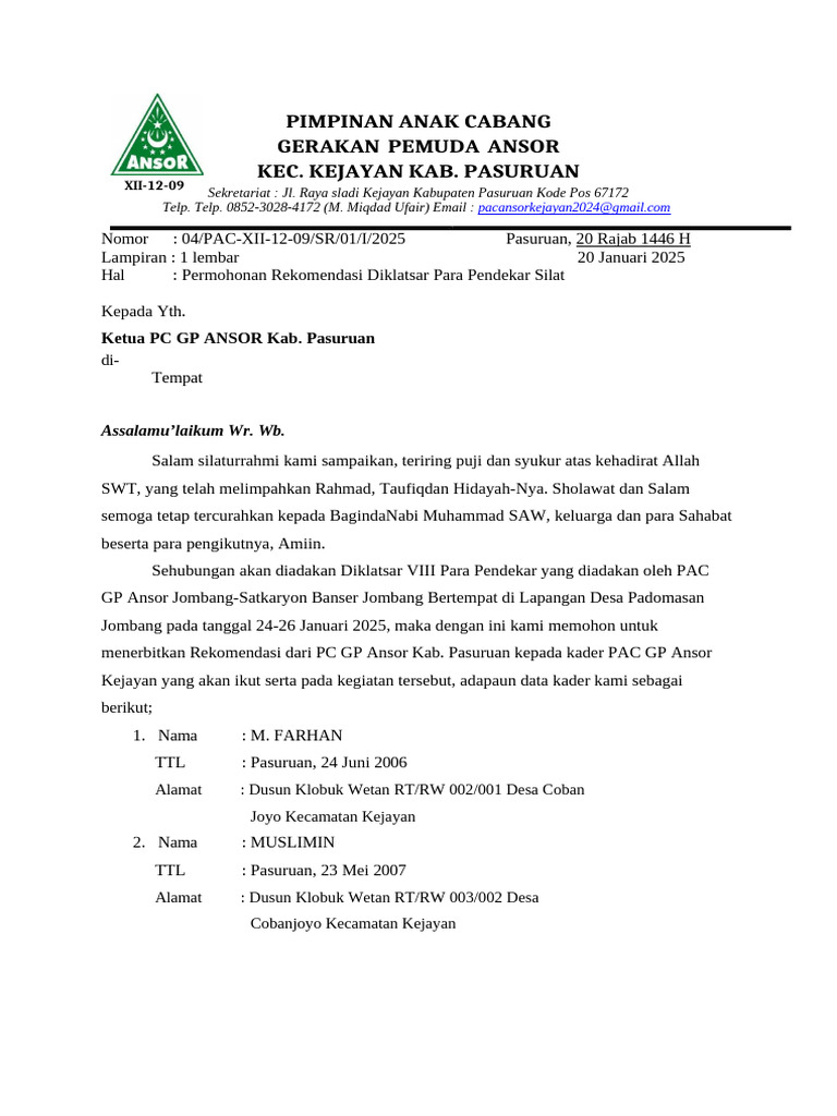 Surat Permohonan Rekom Diklat Silat Kejayan | PDF