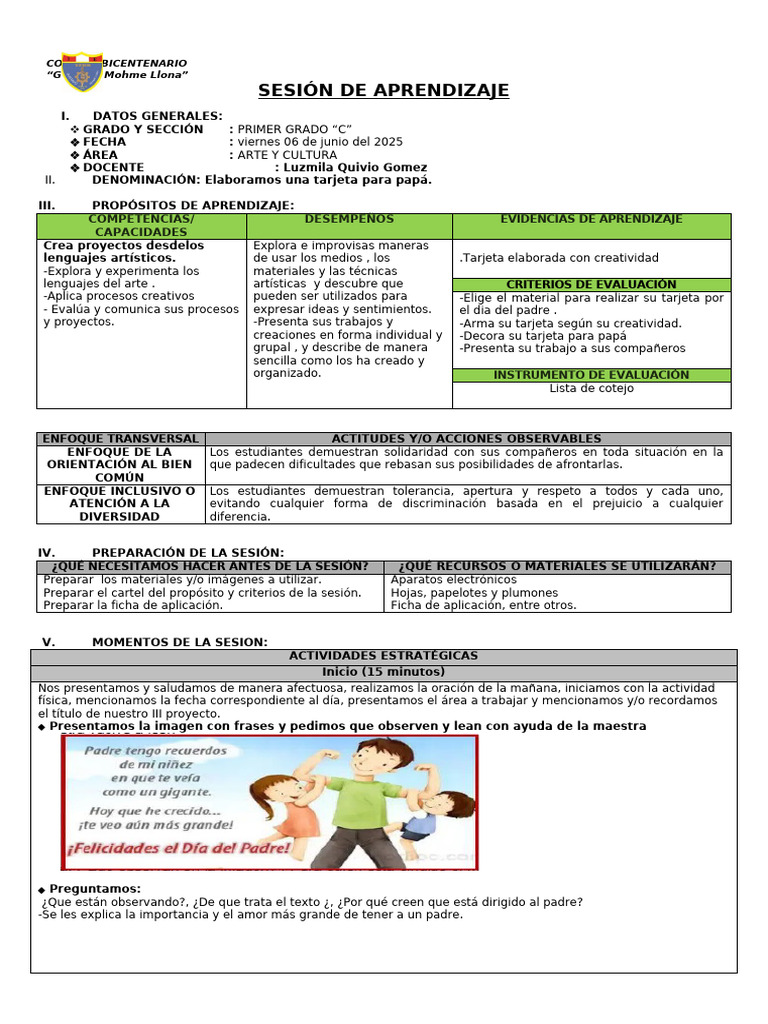 Sesion Arte y Cultura Tarheta Oaoá | PDF | Evaluación | Creatividad