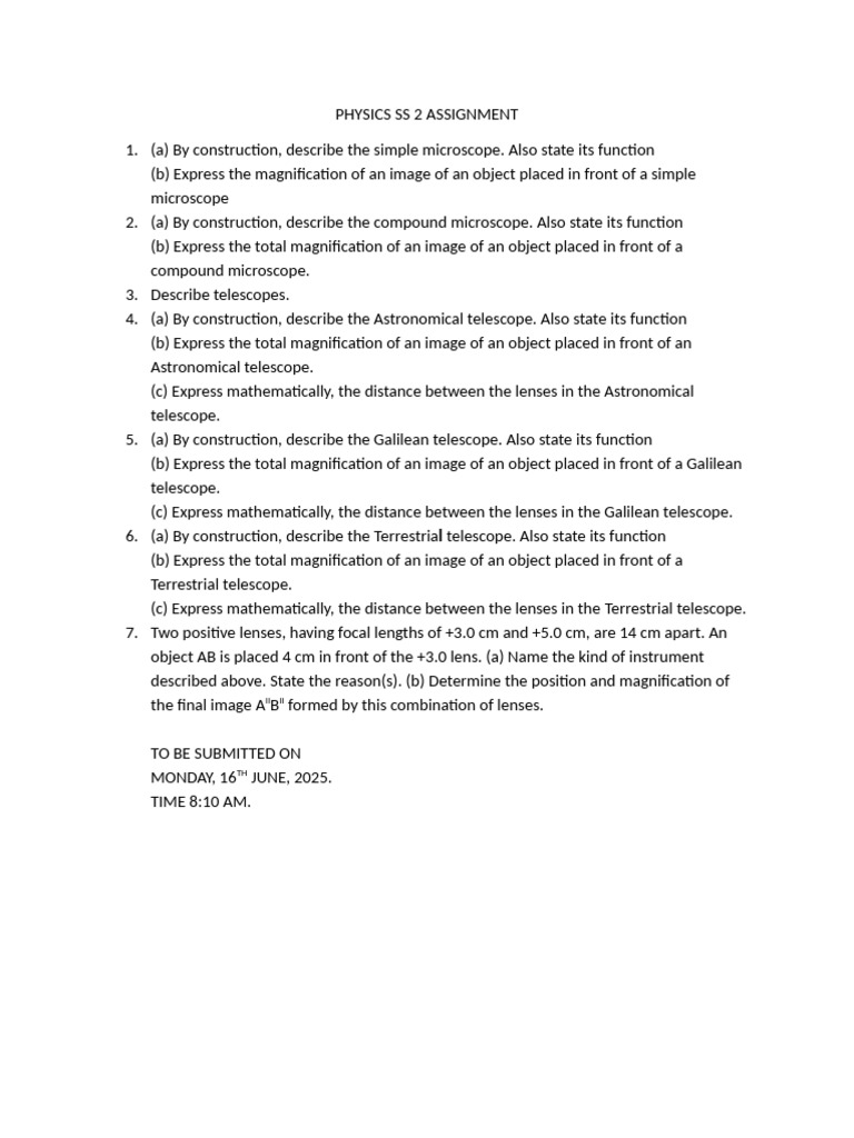 Physics SS 2 Assignment On Microscope and Telescope | PDF