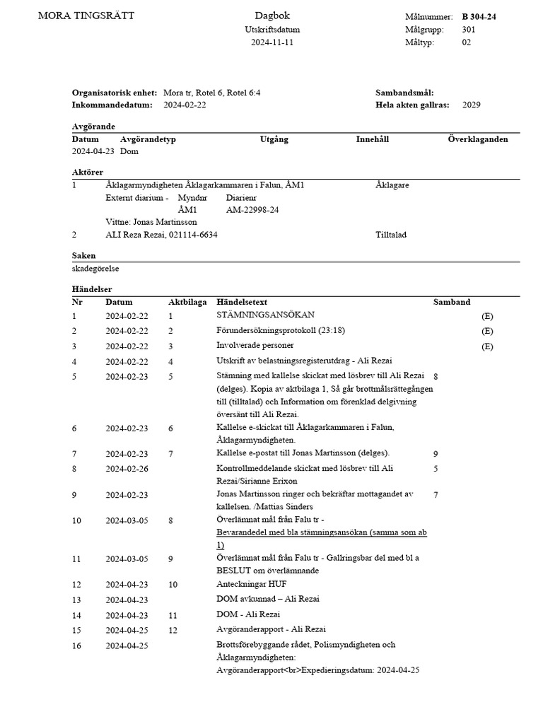 Mora TR B 304-24 Dagboksblad 2024-11-11 | PDF