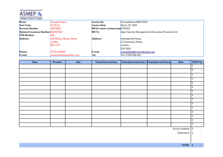Subcontractor Invoice Template WB070322 Example | PDF