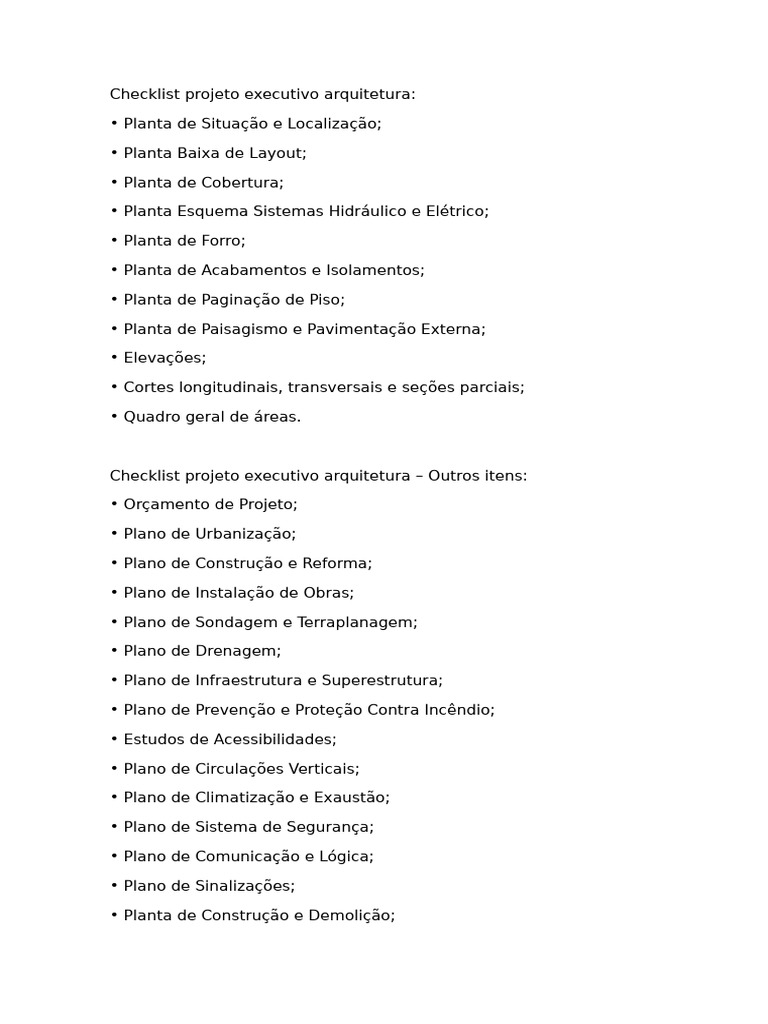 Checklist Projeto Executivo Arquitetura | PDF