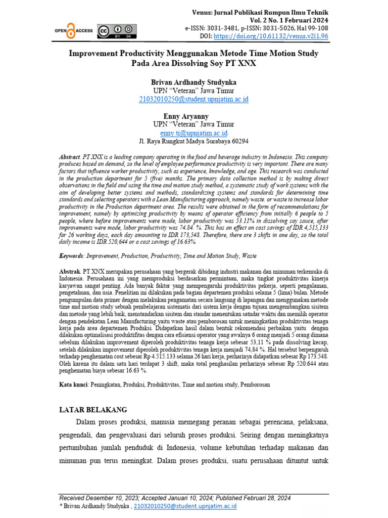 Improvement Productivity Menggunakan Metode Time Motion Study Pada Area Dissolving Soy PT XNX | PDF