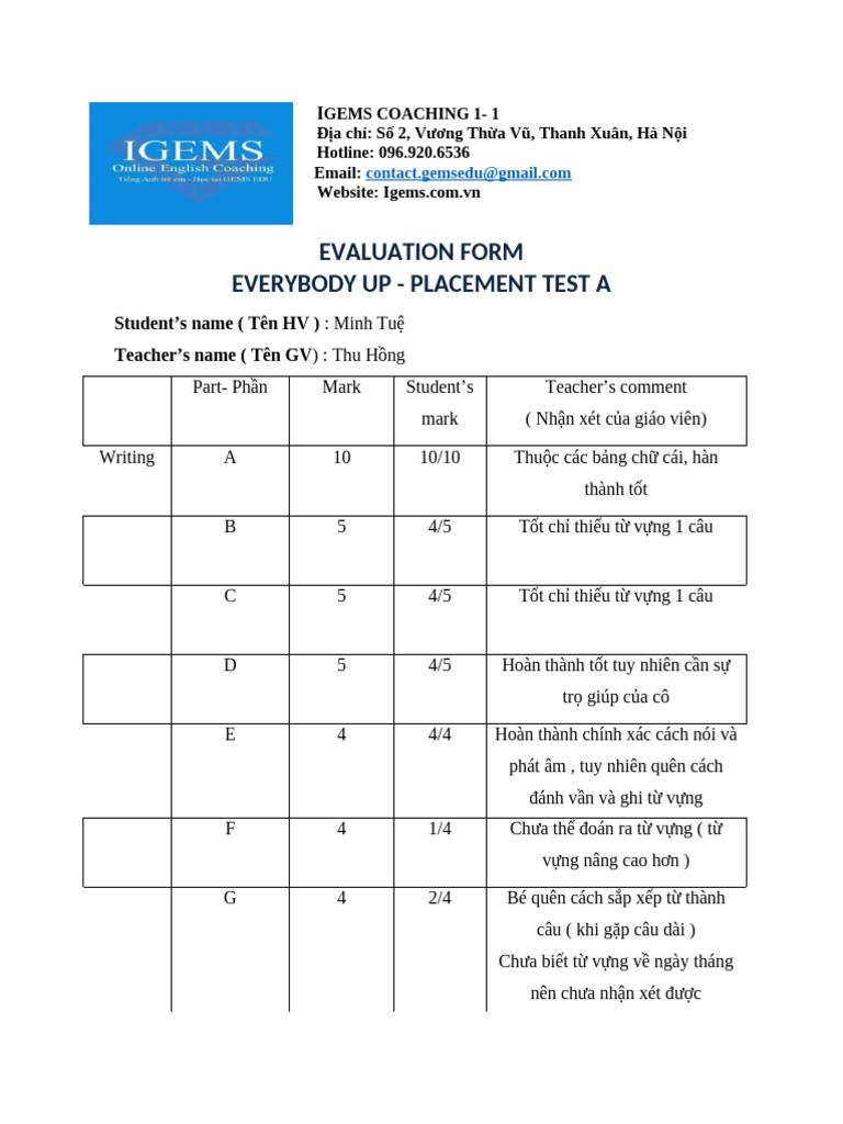 EVALUATION FORM - Everybody Up PLACEMENT TEST A | PDF