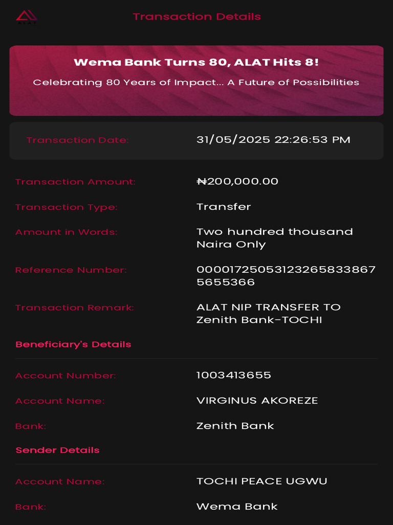 Wema Bank ALAT NIP Transfer Receipt | PDF