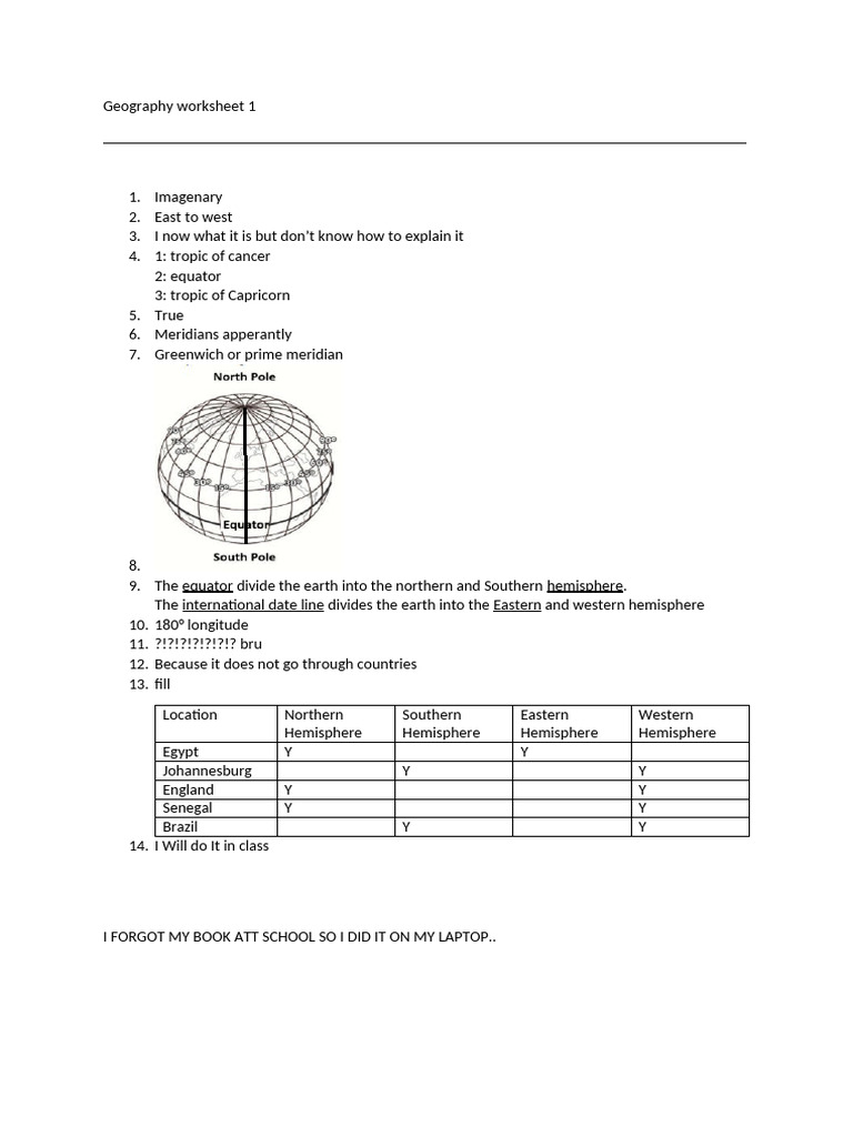 Equator and Hemispheres Worksheet | PDF