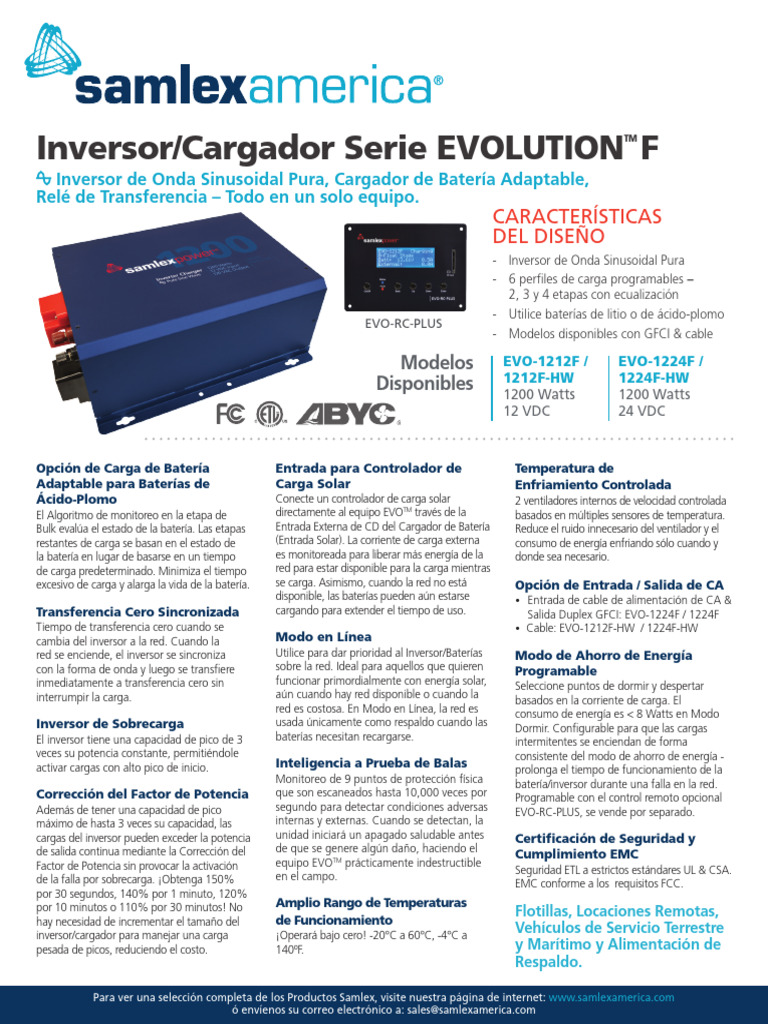 INVERSOR Samlex EVO 1212F 1224F Features and Spec Sheet 0320 ES | PDF ...