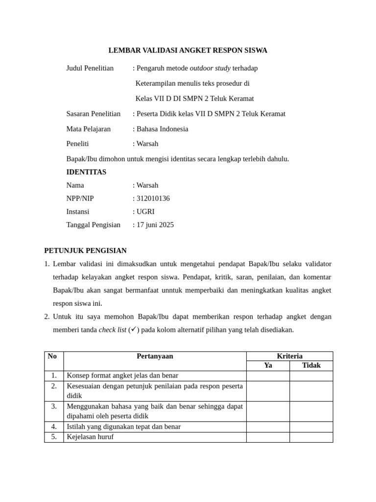Validasi Angket Respon Siswa SMPN 2 | PDF